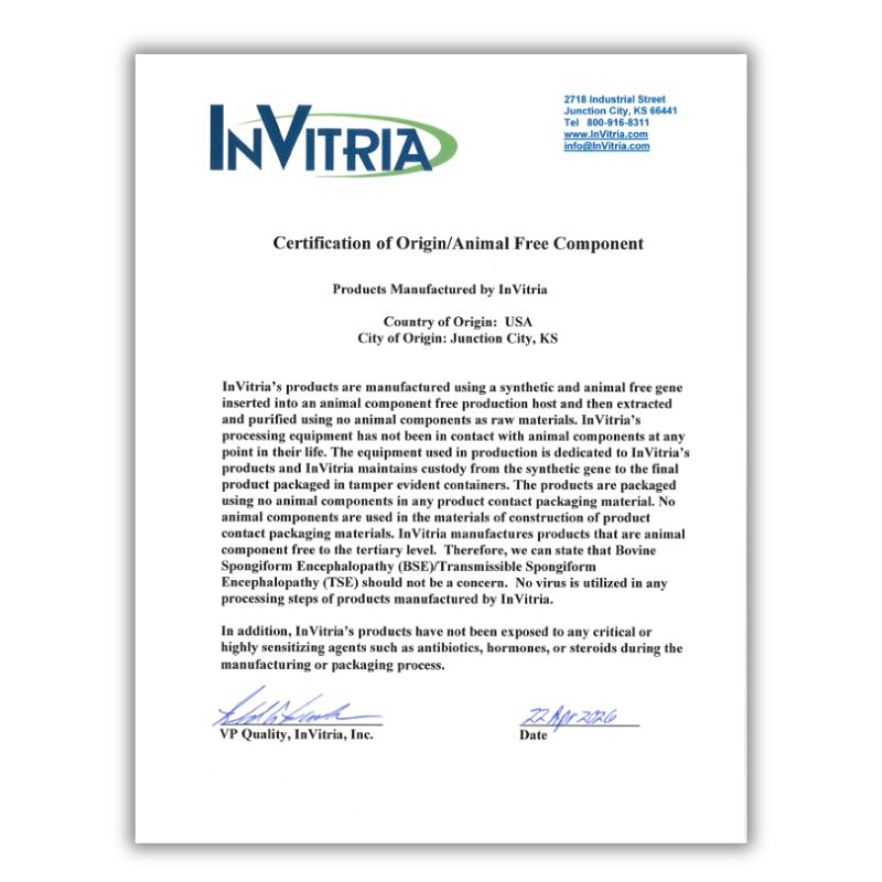 Certificate of Origin and Animal-Free / TSE-BSE Statement - InVitria